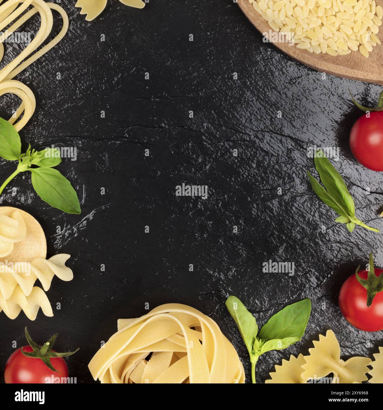 Italian food design template. Pasta, tomatoes and basil, a flat lay ...