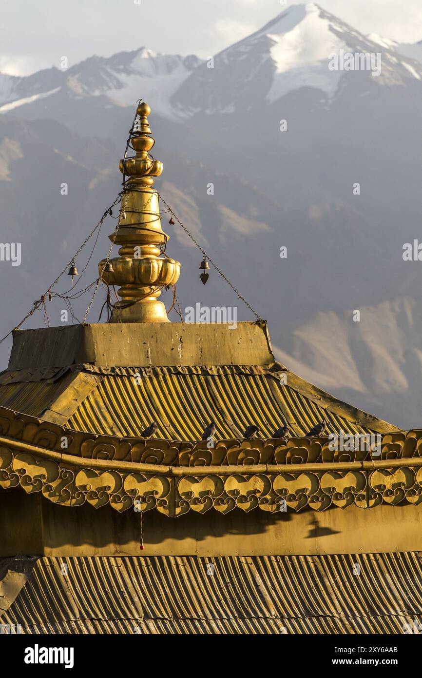 Temple roof in northern India, Ladakh, evening mood Stock Photo - Alamy