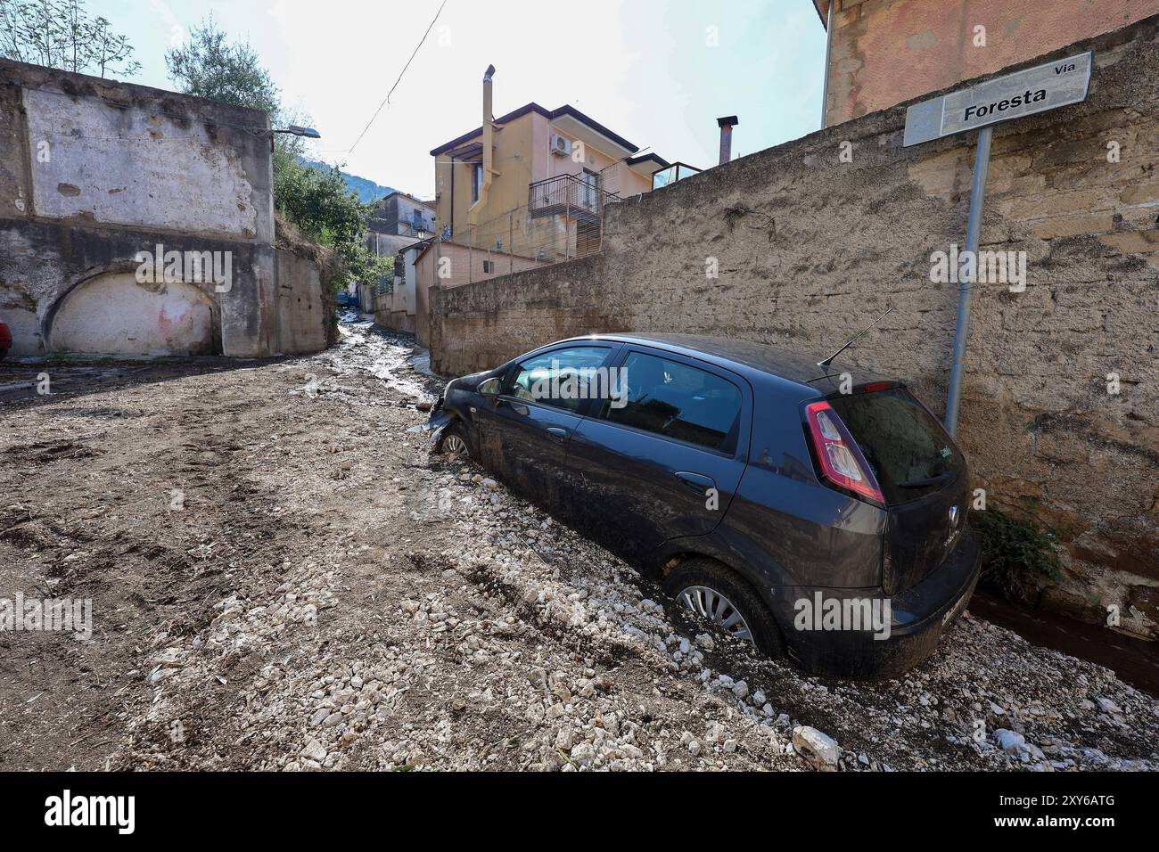 San Felice a Cancello, Italy, 28 August 2024. A car stuck in mud in the ...