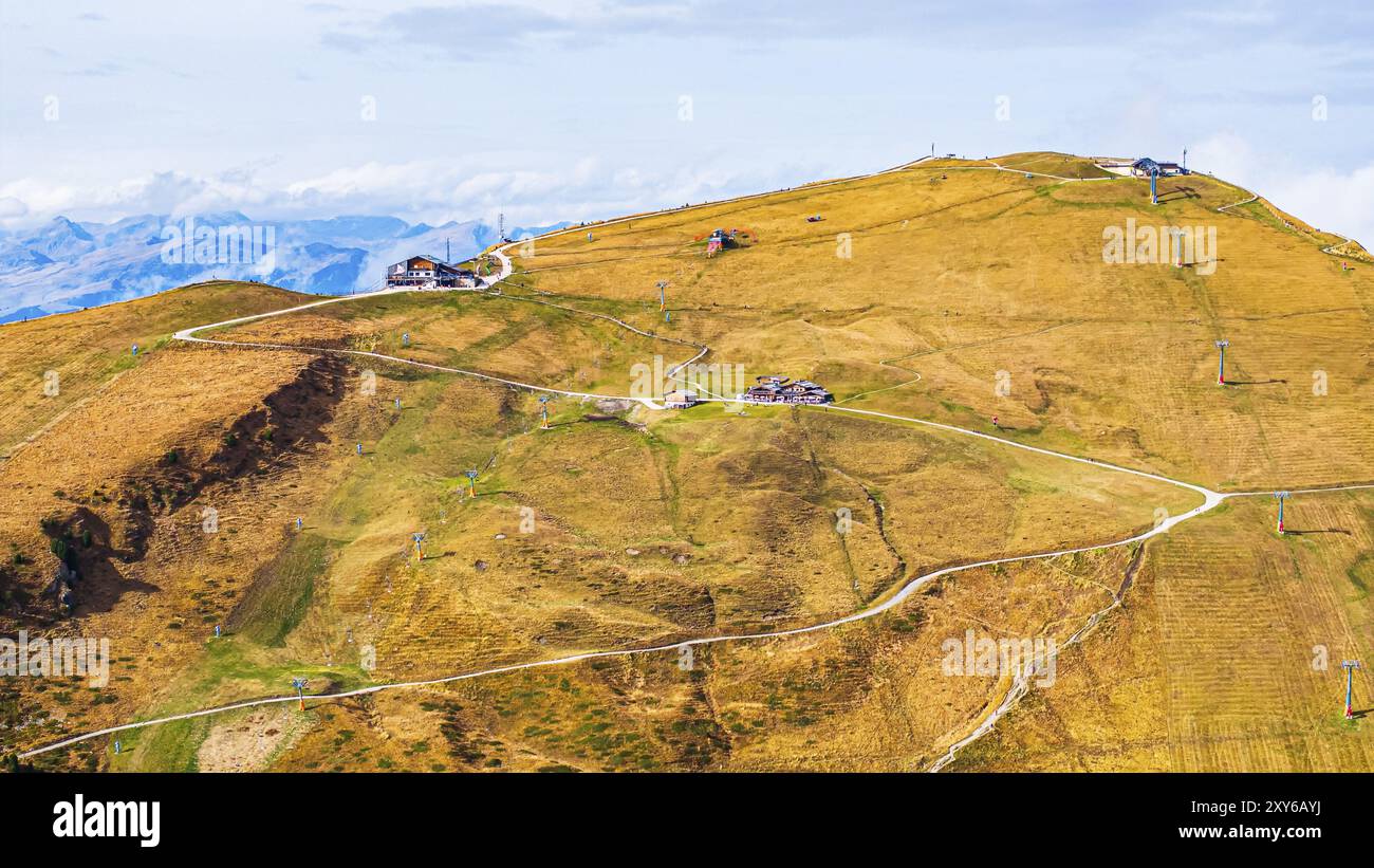 Summit station of the Seceda cable car, Sofie hut, drone shot, Val ...