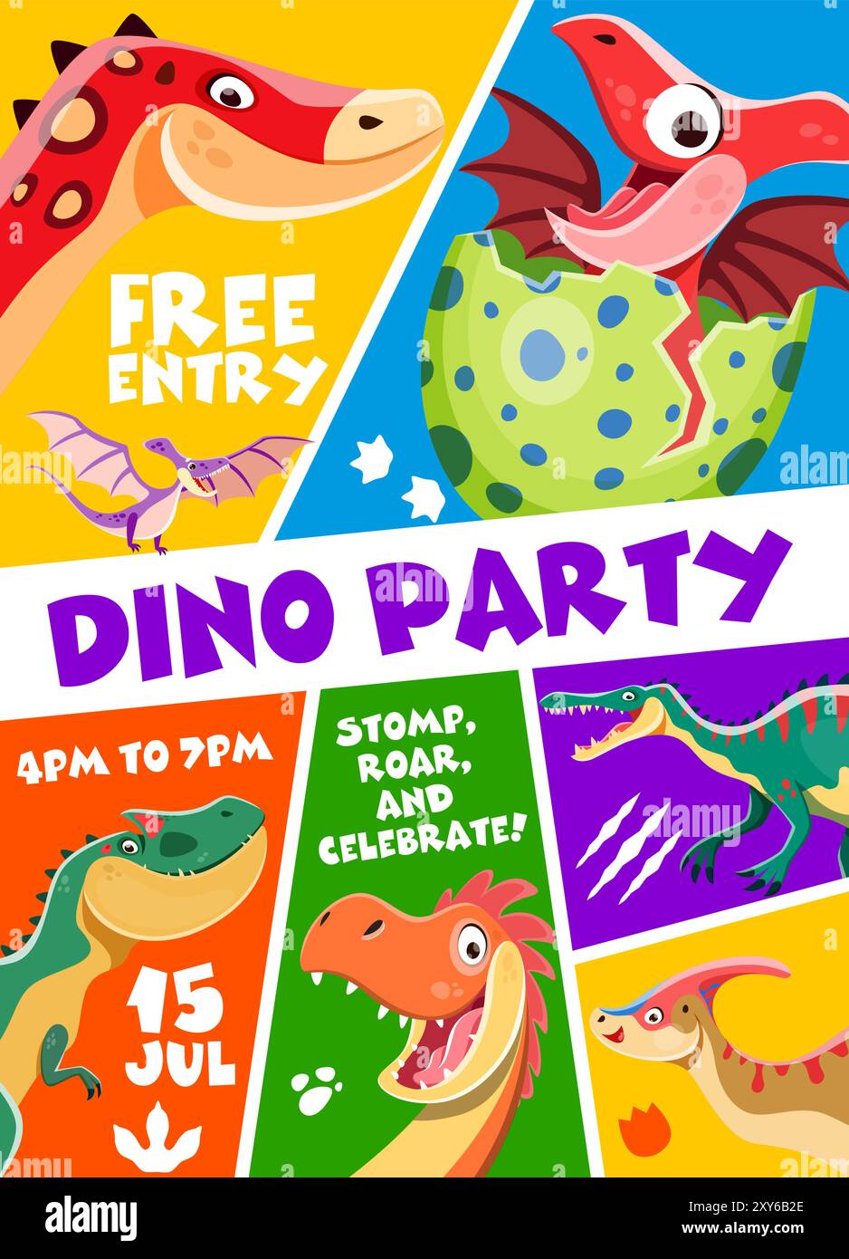 Kids dino party flyer, vibrant invitation with colorful dinosaurs ...