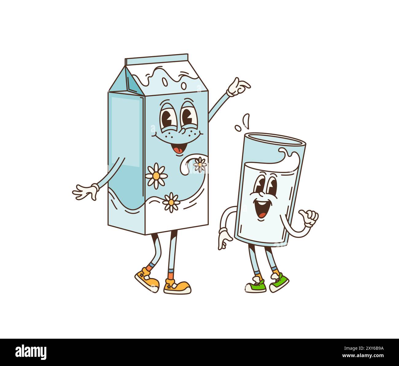 Retro cartoon groovy breakfast dairy milk characters. Vector cheerful ...