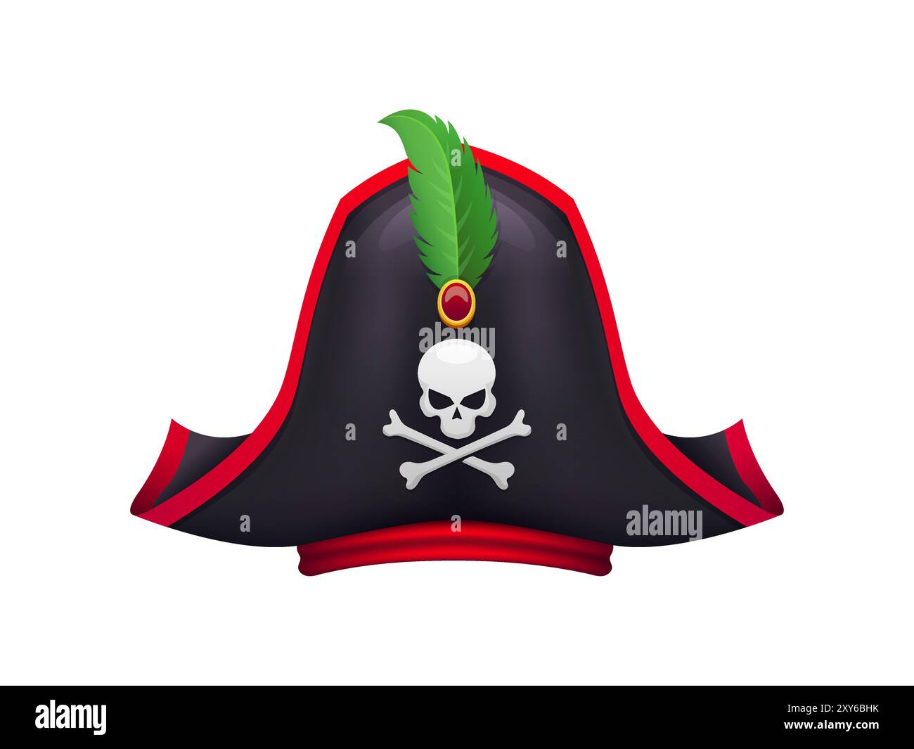 Cartoon pirate hat, corsair captain tricorn. Vector cocked hat, seafarer headdress with green ...