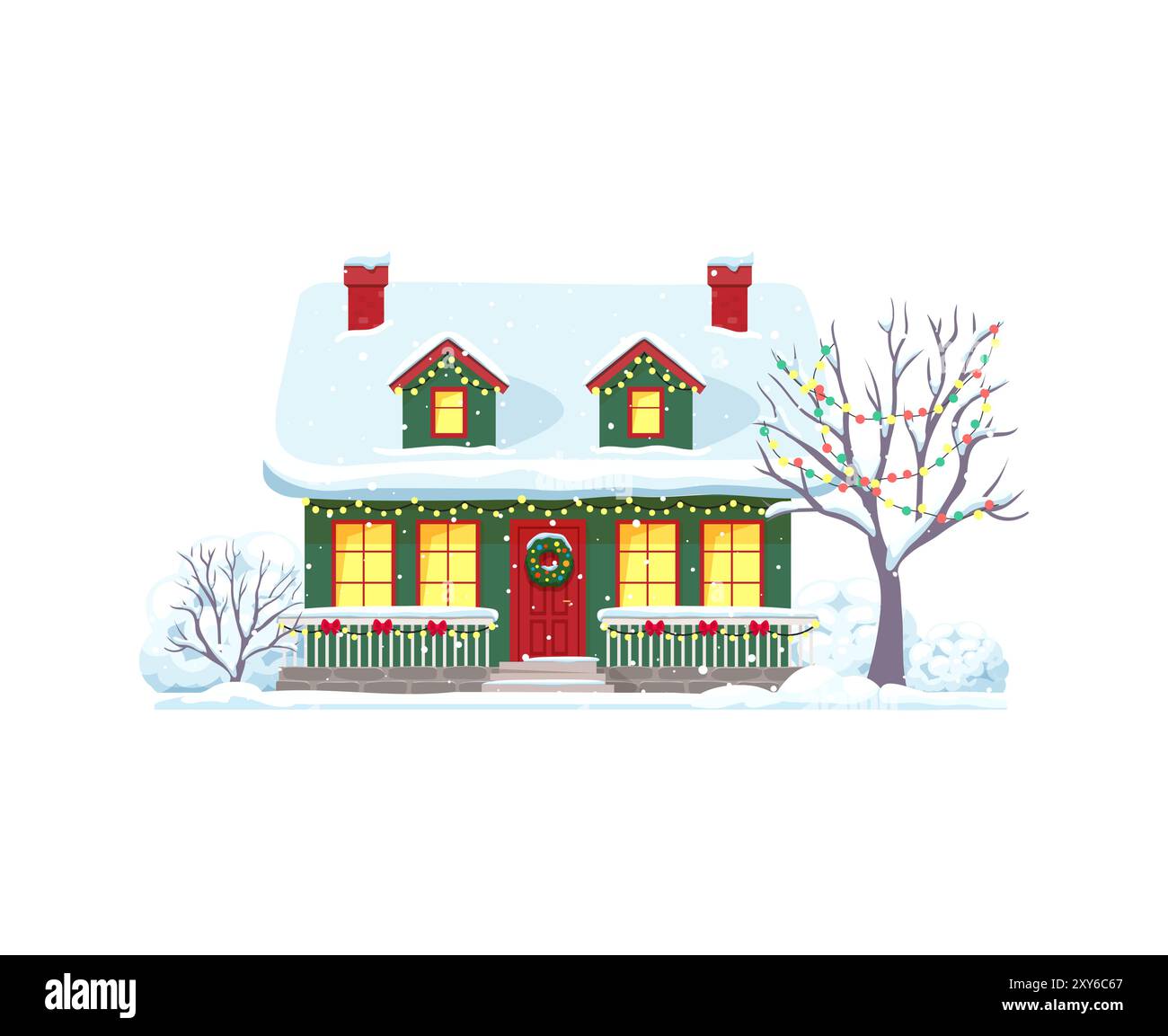 Christmas winter house facade with snow on roof and holiday decorations ...