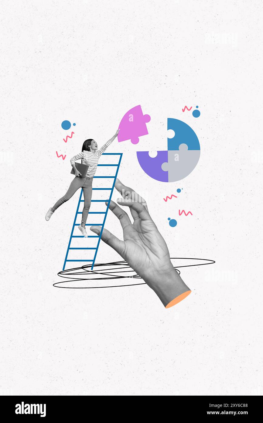 Vertical poster collage young woman achieve goal puzzle complete quiz ...