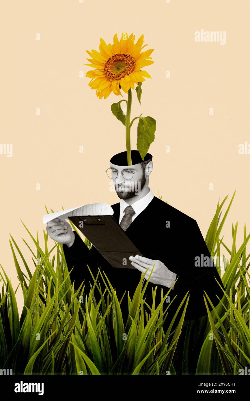 Vertical photo collage of minded businessman farmer cut head sunflower ...
