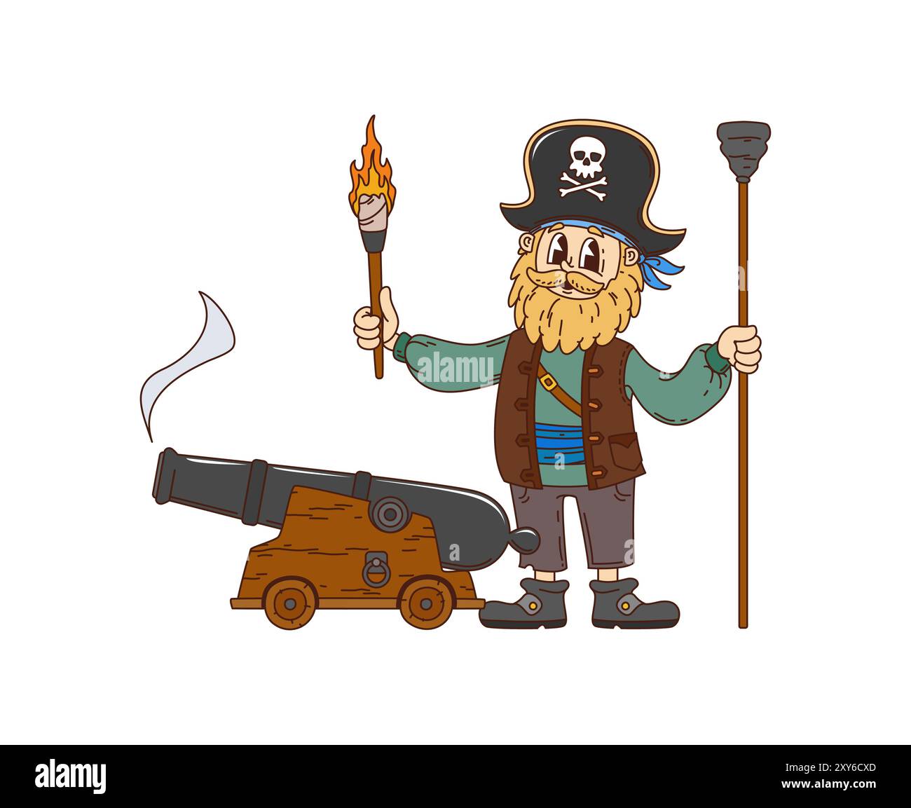 Retro cartoon groovy gunner pirate and corsair character with cannon ...