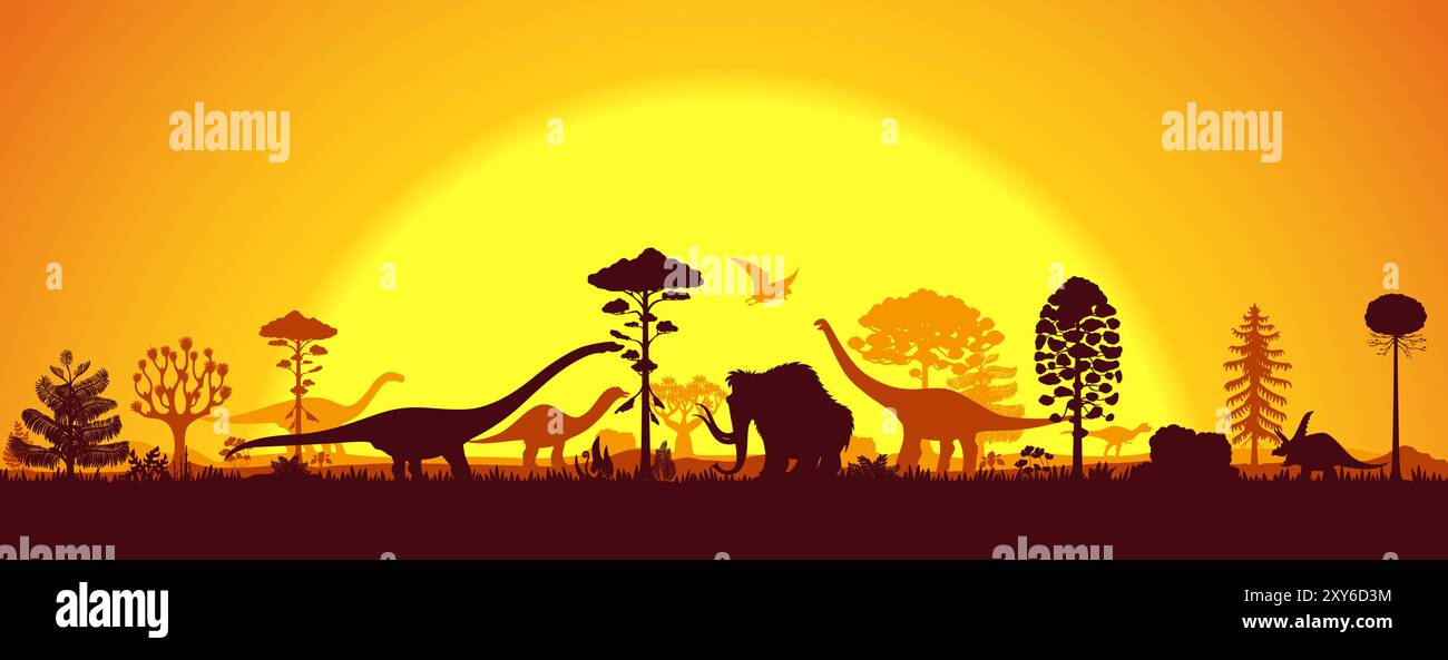 Prehistoric dinosaurs silhouettes in sunset landscape of Jurassic era ...