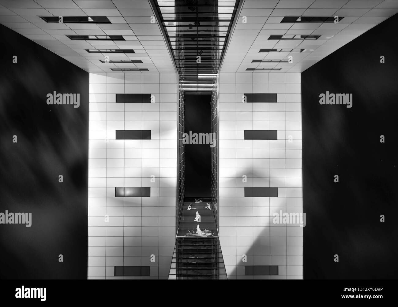 Ceiling of Rheinauhafen modern buildings in Cologne at night seen from ...