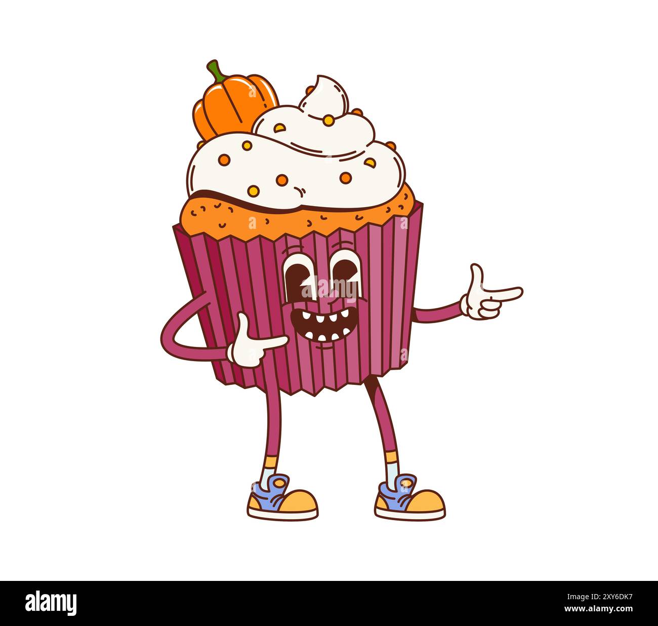 Groovy retro cartoon muffin cupcake dessert character, vector funky ...
