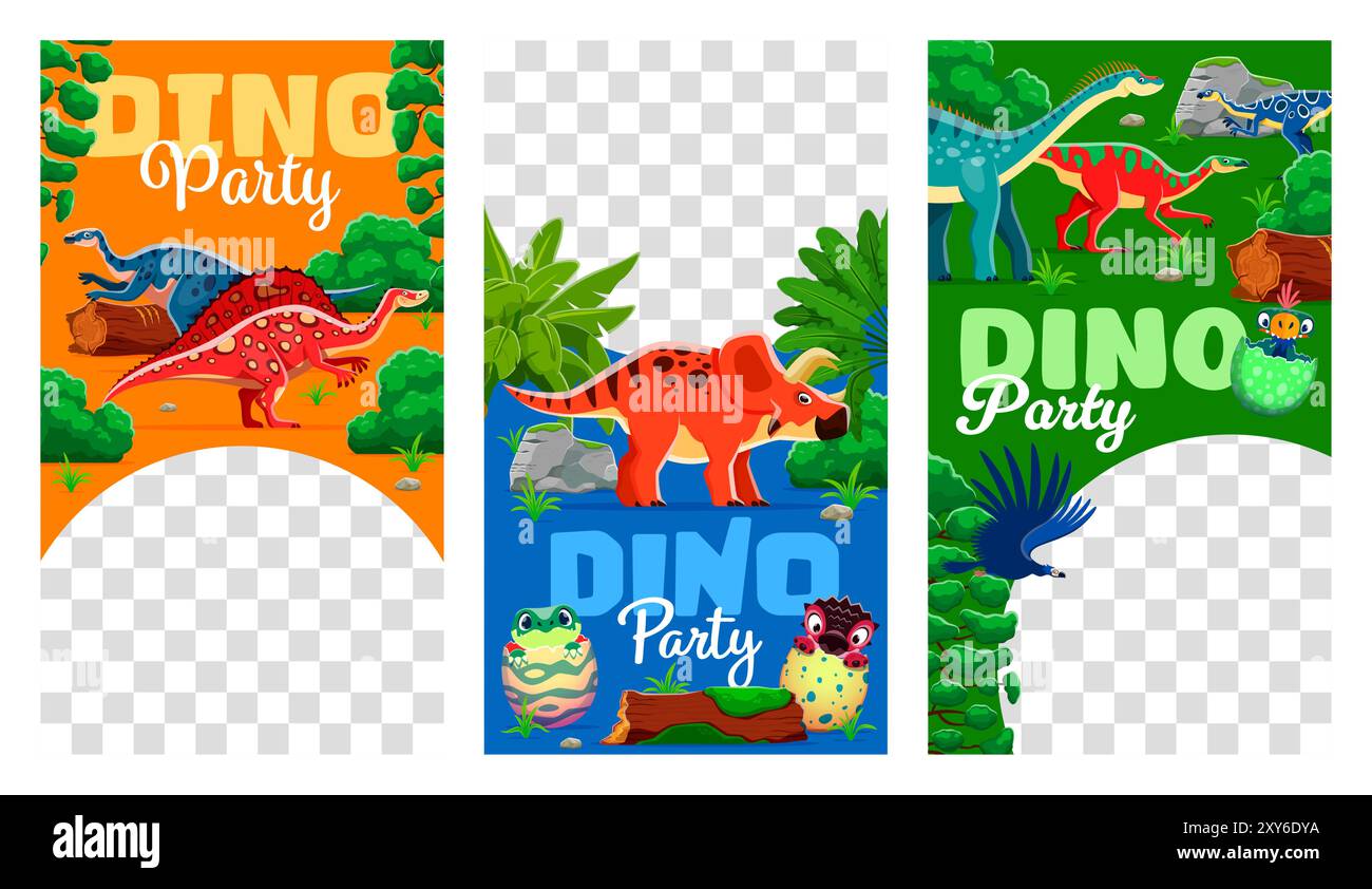 Kids dino party social media templates with funny prehistoric dinosaurs ...