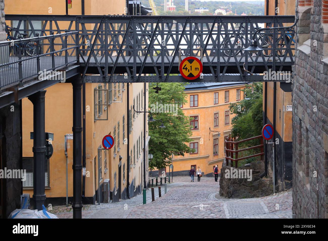 Mariahissen metal footbridge over old streets in Sodermalm district ...