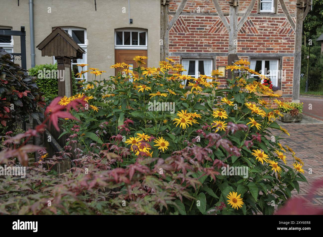 A rustic building with a paved path and lush flower beds dominated by ...