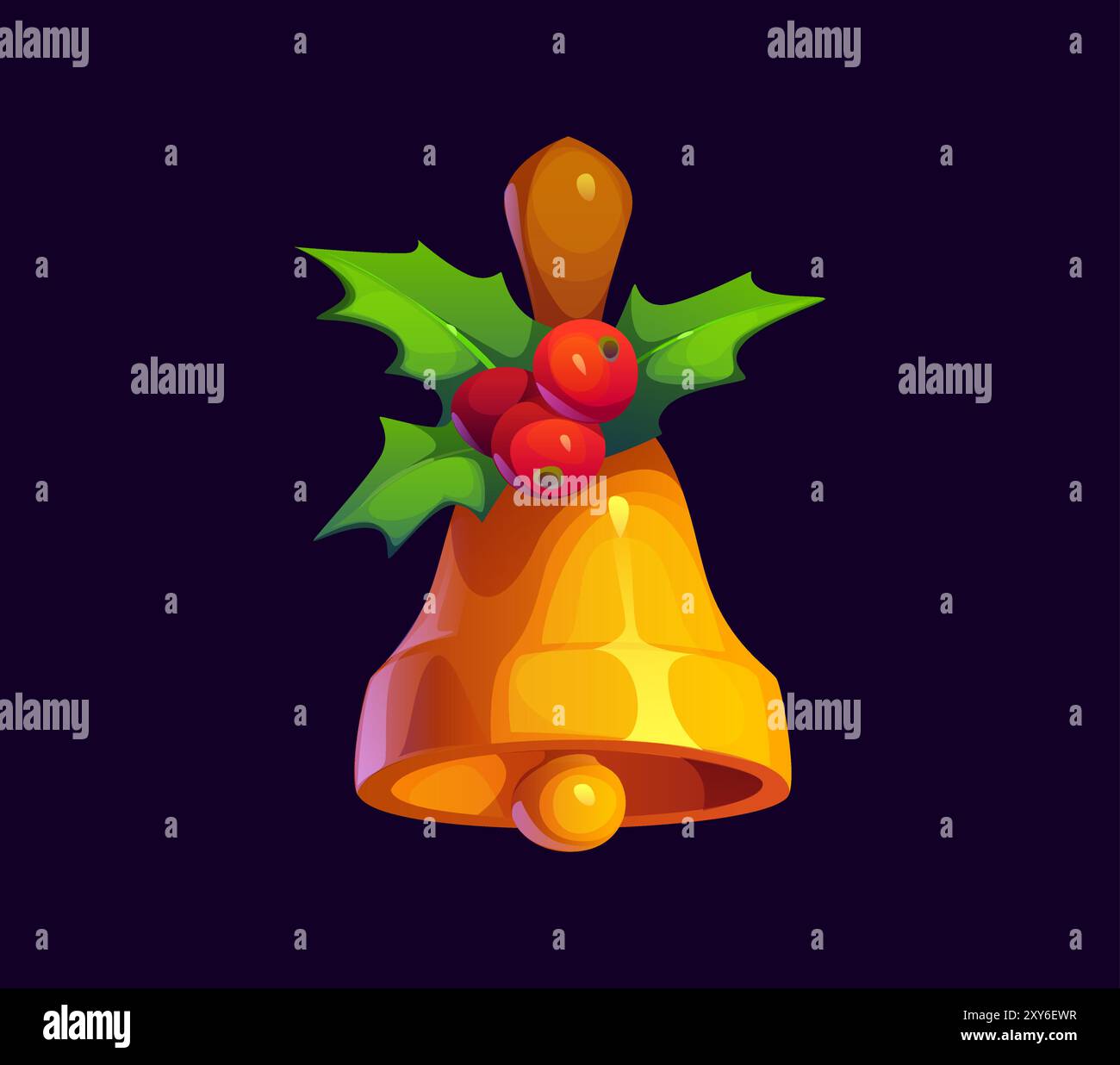 Cartoon Christmas jingle bell decorated with holly leaves and red ...