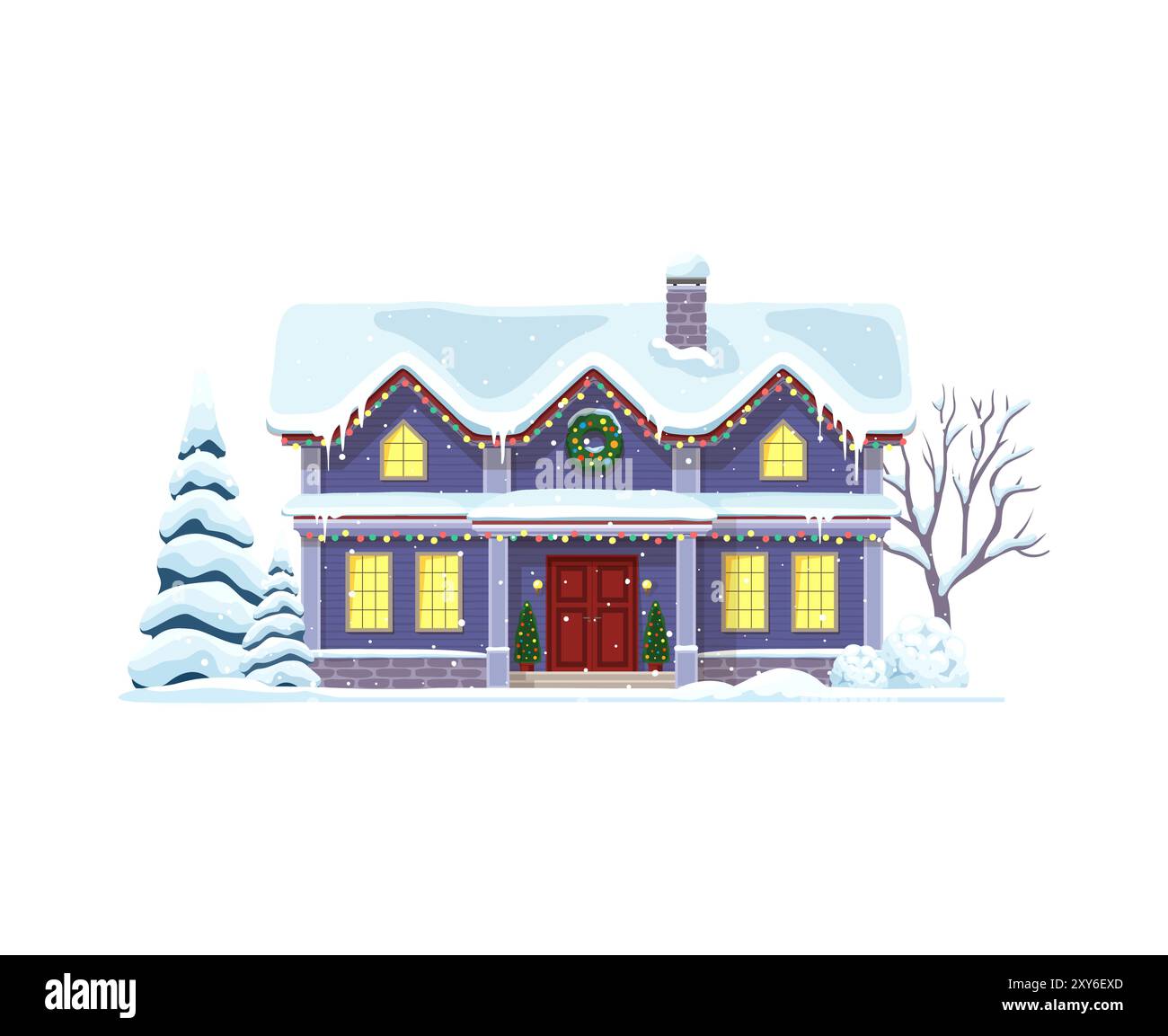 Christmas winter house exterior with snowy roof. Christmas town cottage ...