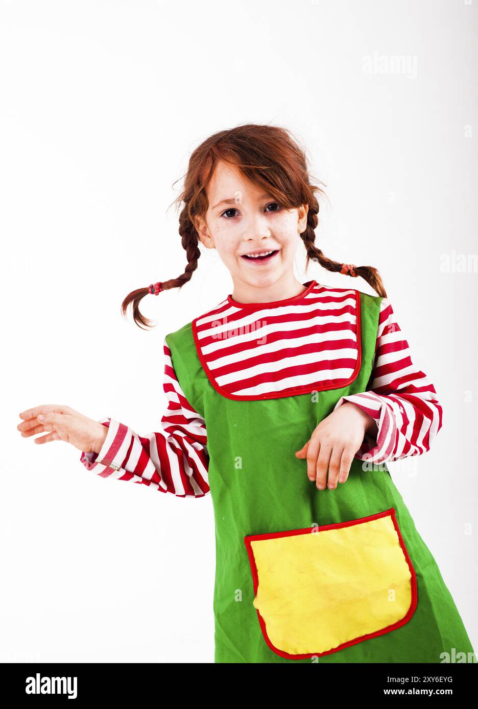 Little girl dressed as Pippi Longstocking with white background Stock ...