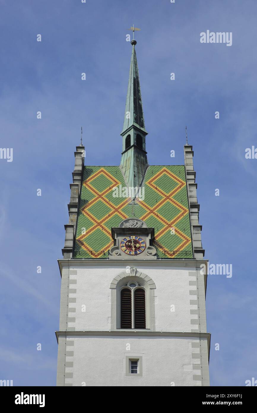Tower of the Gothic St. Nicholas Church, spire, roof tile, pattern ...