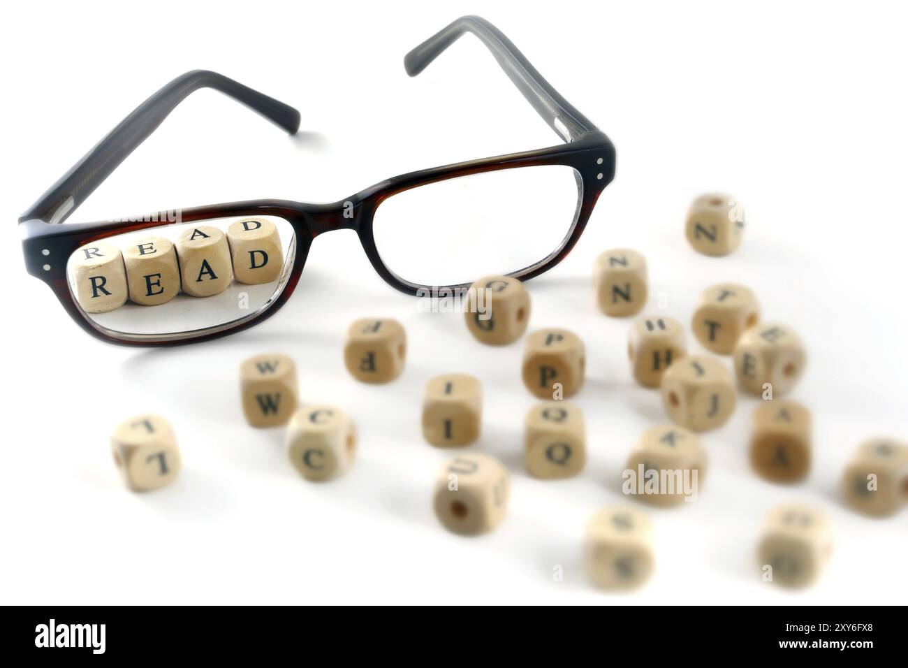Glasses and read message written in wooden blocks, isolated on white ...