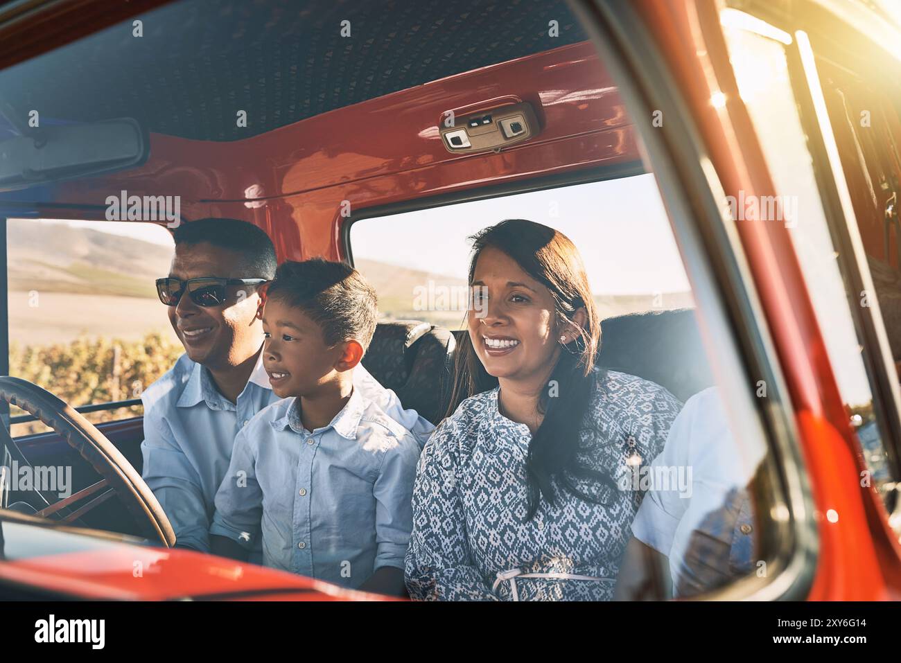 Parents, children and driving on road trip with smile, bonding or ...