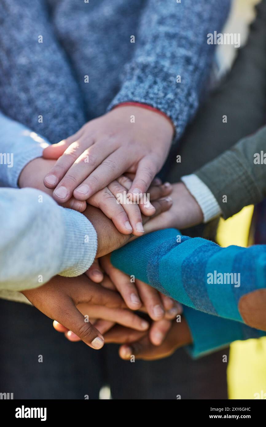 Children, hands and outdoor pile at school, students and motivation for ...