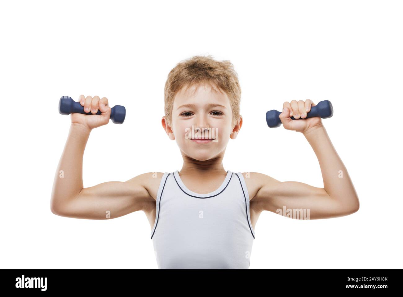 Beauty smiling sport child boy with strong biceps muscles hand holding ...