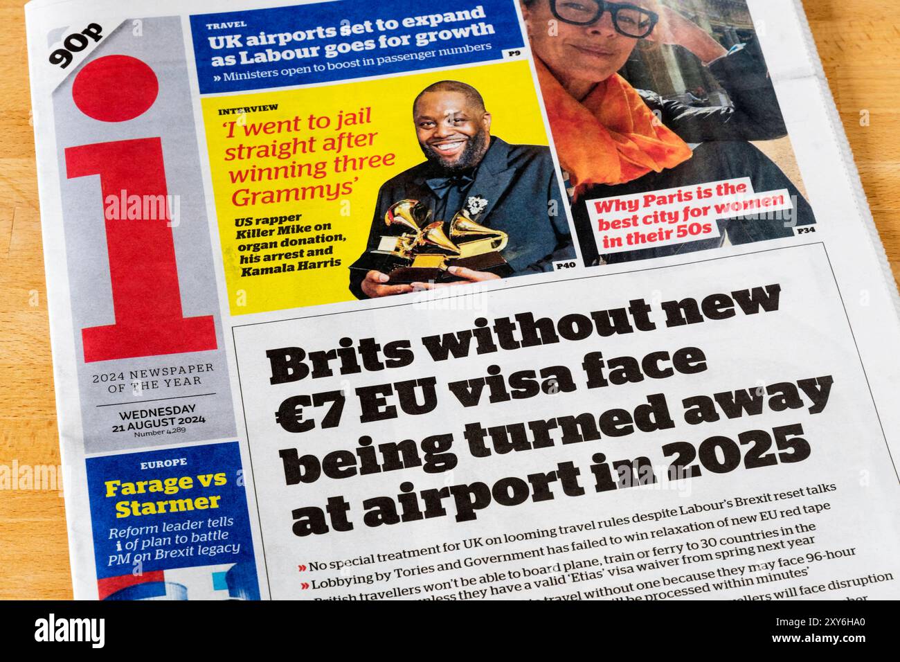21 August 2024. Headline in i newspaper is Brits without new €7 EU visa ...