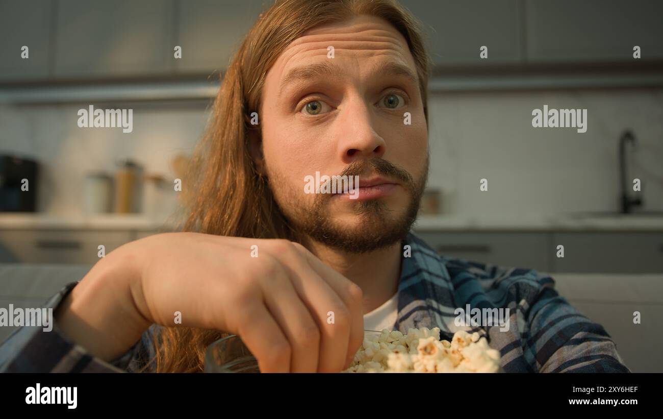 Portrait concentrated focused funny Caucasian bearded man guy male at ...