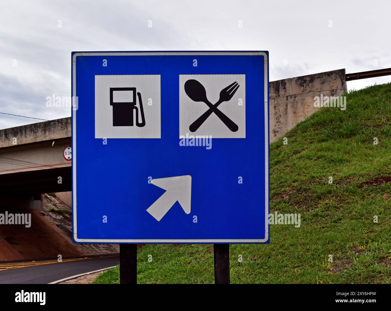 Traffic sign indicating the way to the gas station and restaurant in ...
