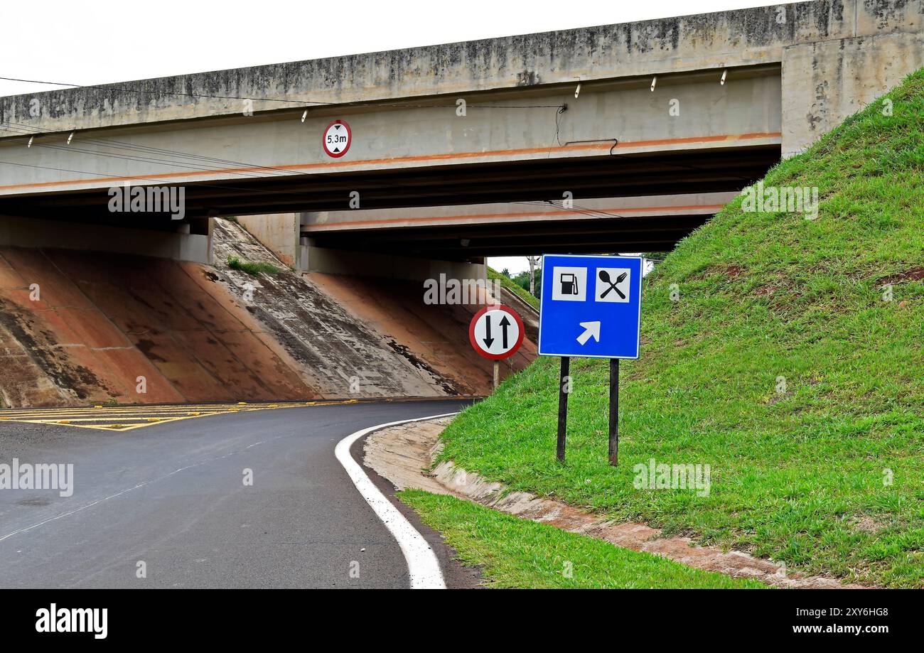 Traffic sign indicating the way to the gas station and restaurant in ...