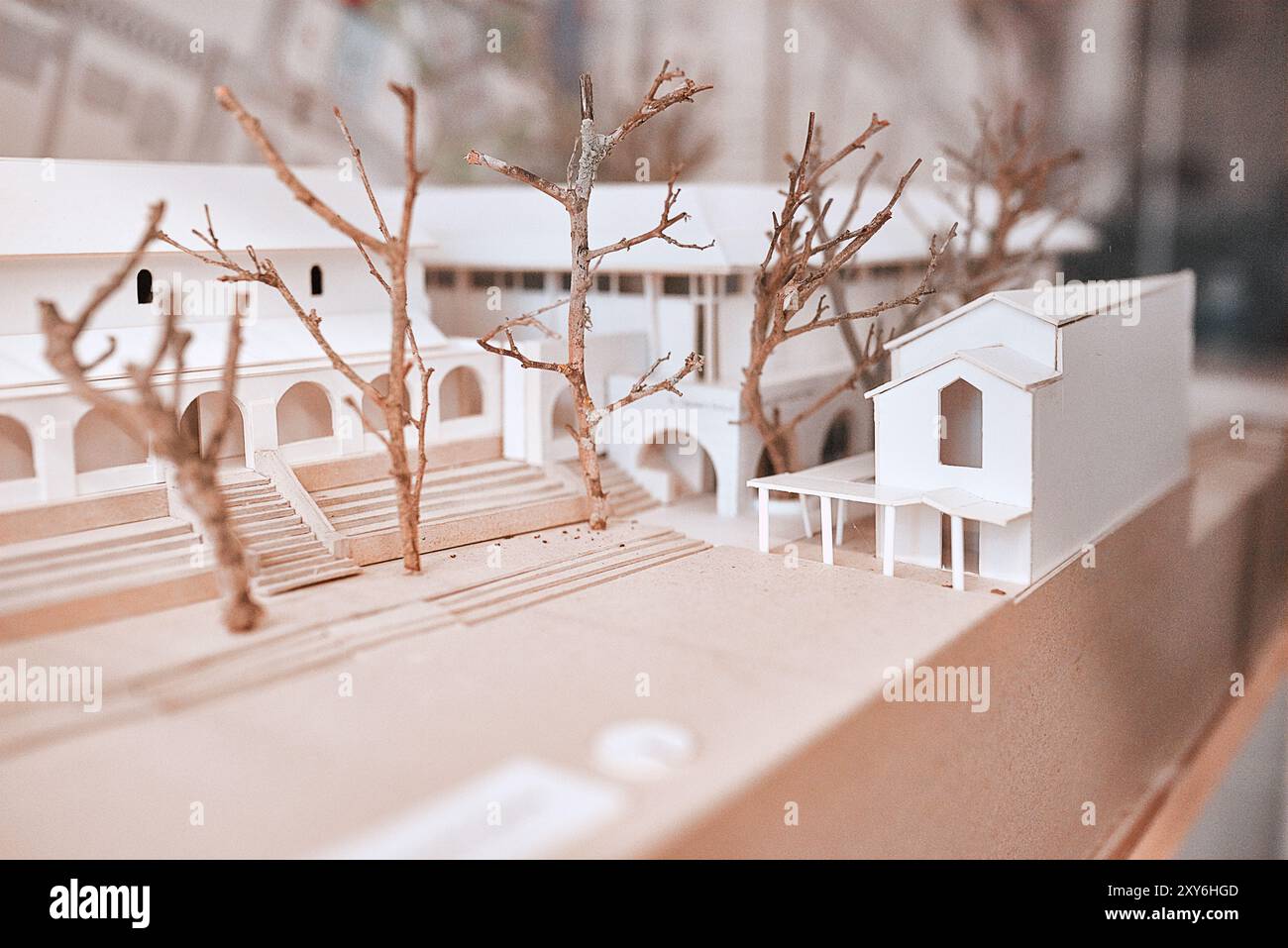 Empty, business and architecture with model in 3d for infrastructure ...