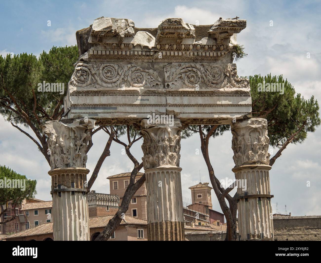 Ancient column ruins in front of green trees and a cloudy sky, Rome ...