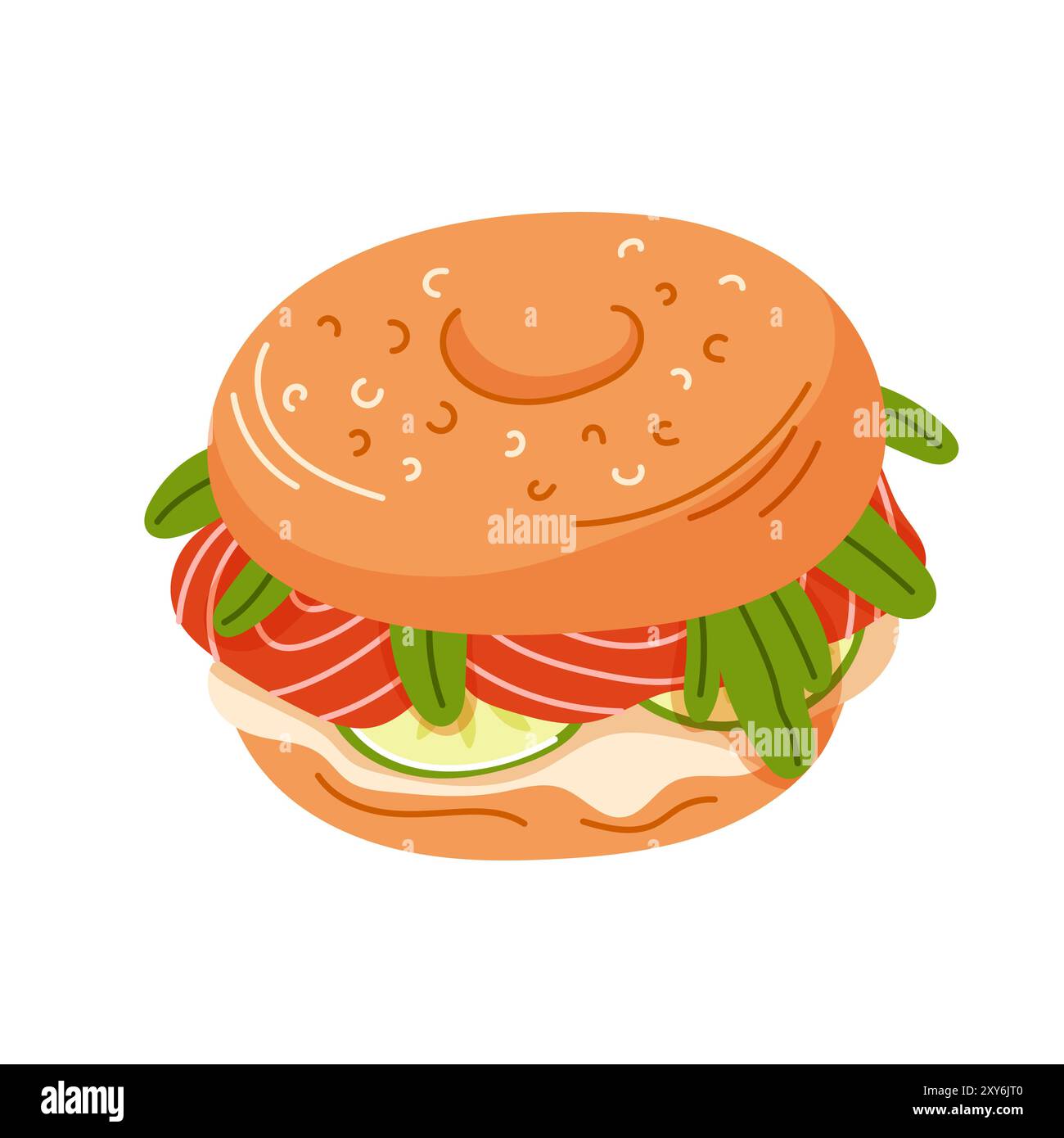 Bagel sandwich filled with smoked salmon, cream cheese, cucumber slices ...