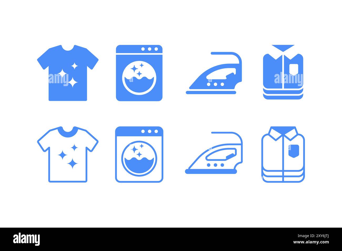 Simple laundry icon set. Clothes, washing machine, ironing, and folded ...
