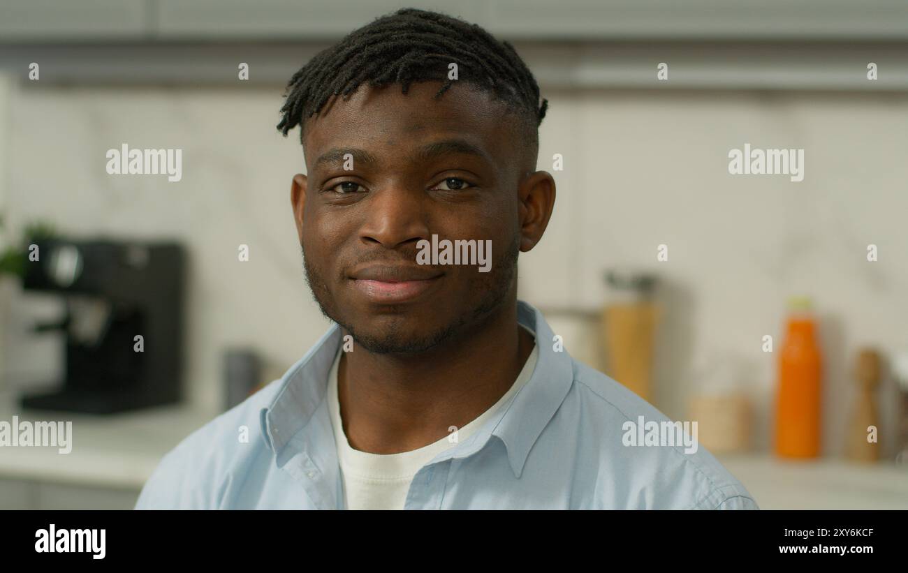 Portrait happy smiling African American friendly renter homeowner man ...
