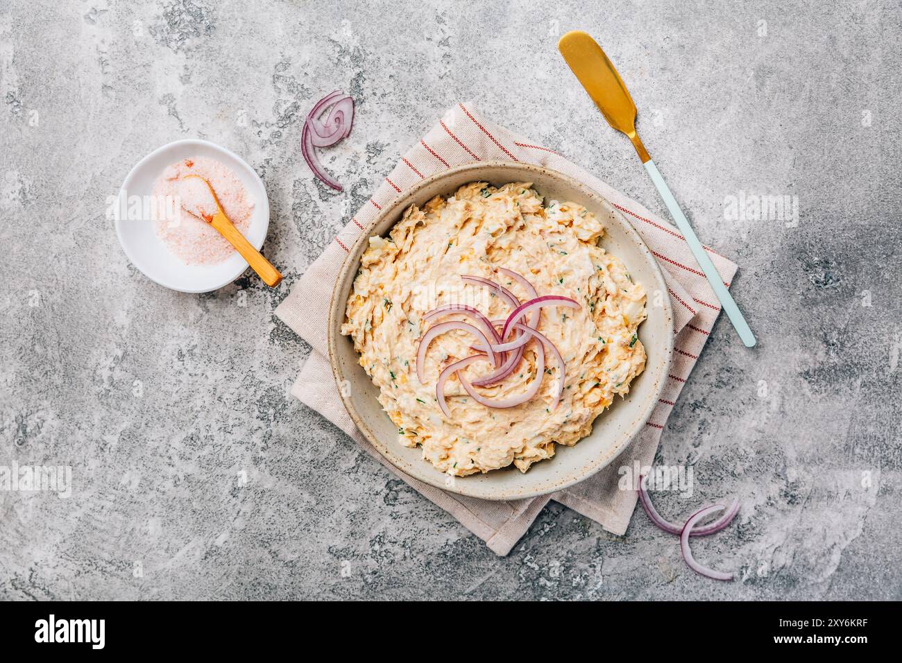Homemade tuna and egg spread, fish rillettes with red onions Stock ...
