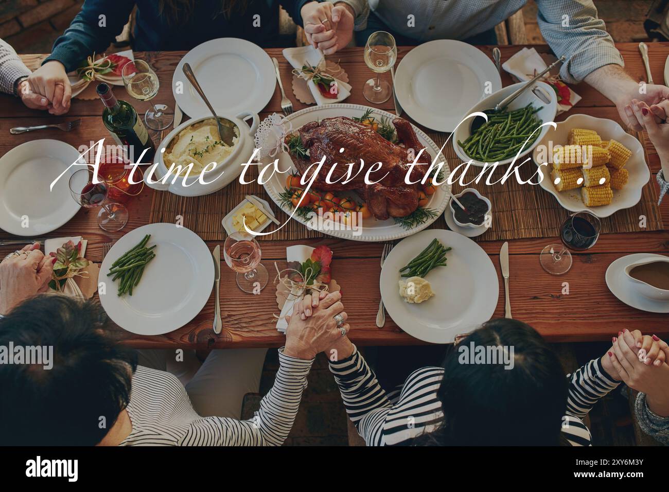 Above, people and praying with overlay by food for thanksgiving ...