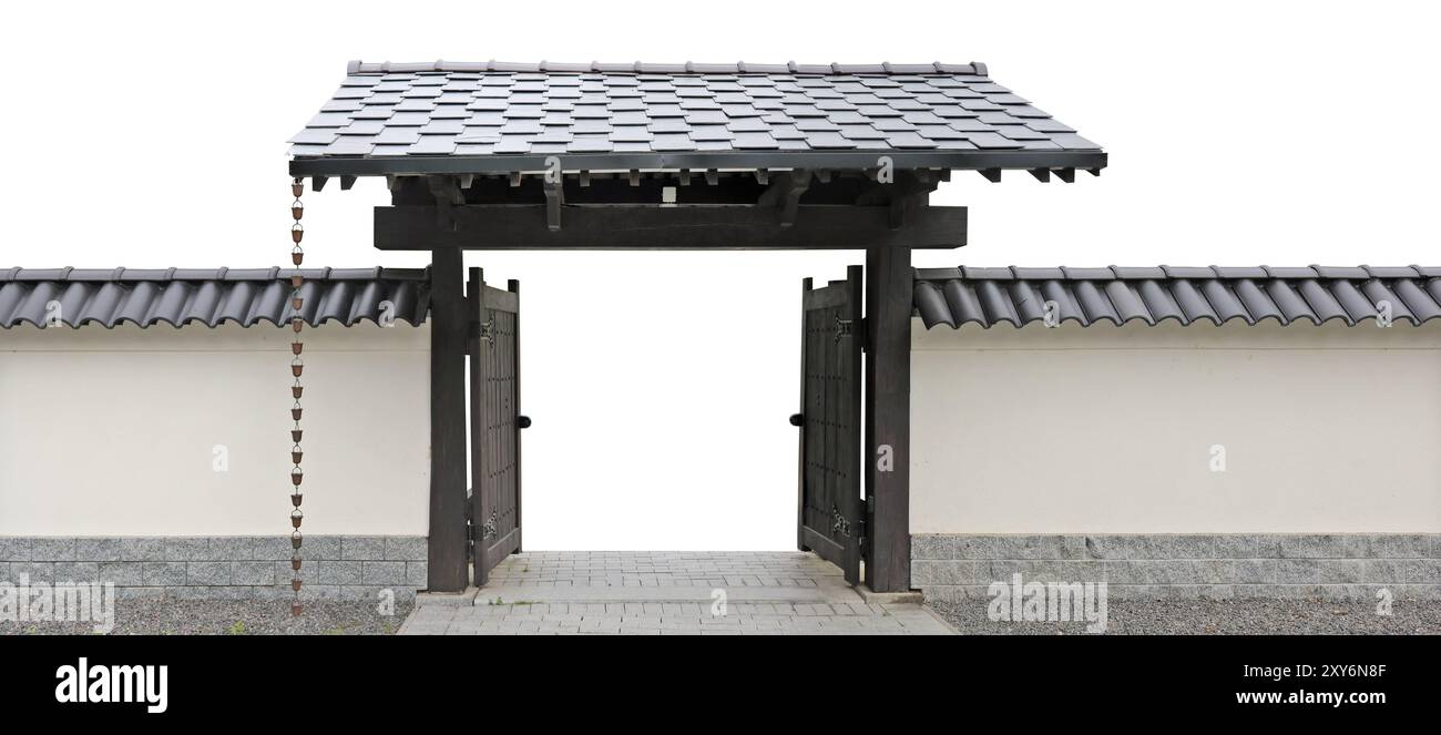 Japanese style fence and open wooden gates. Isolated on white Stock ...