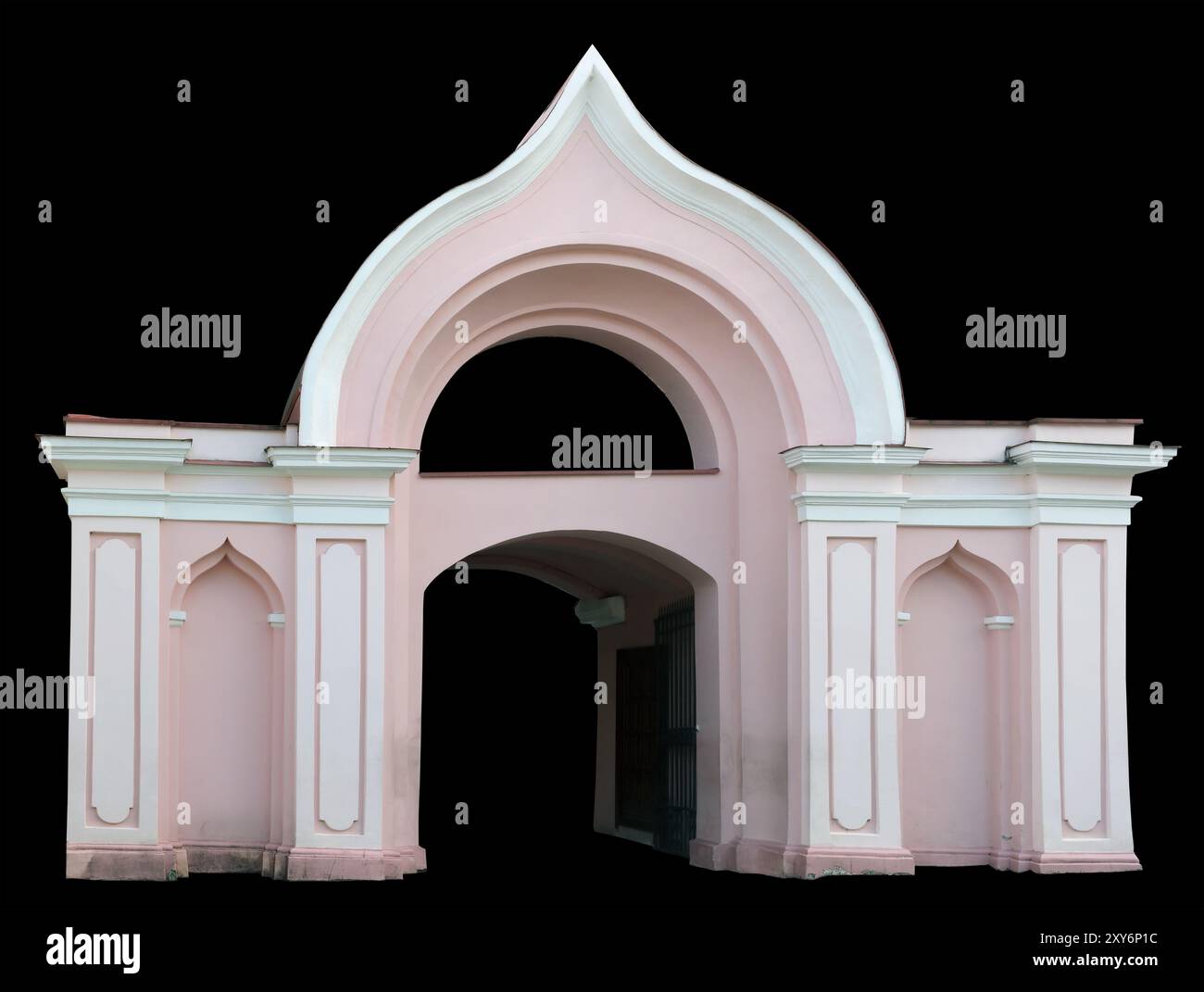 The stone arched entrance to a religious institution is painted pink ...