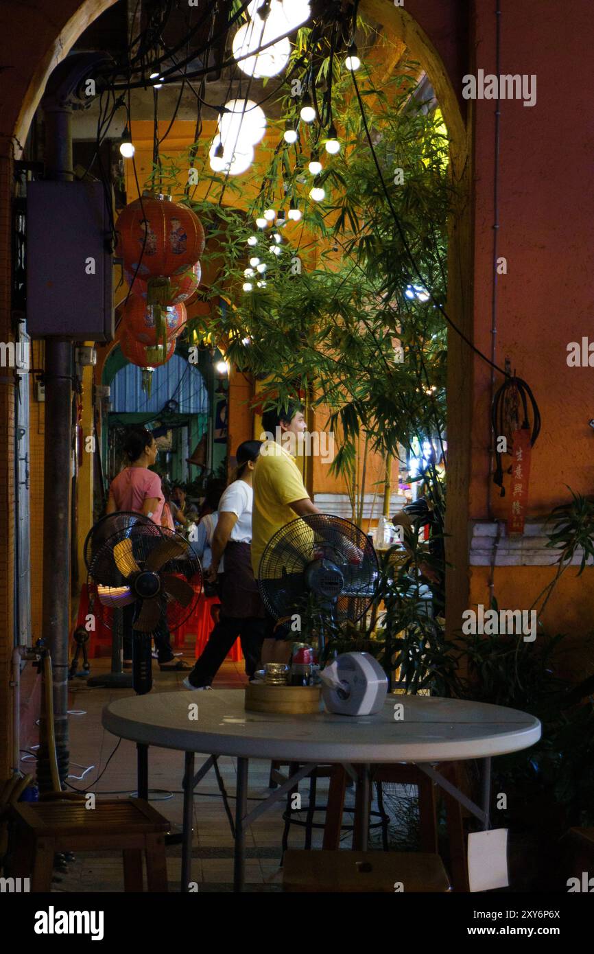 street photo shot alley walkway with lights lantern table Stock Photo ...