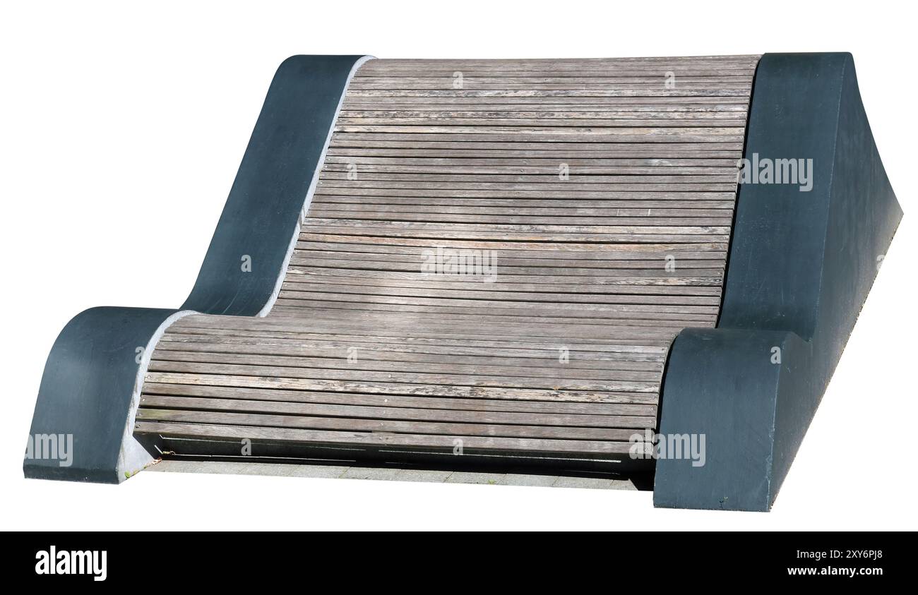 Park sunbathing bench made of concrete and wood. Isolated on white ...