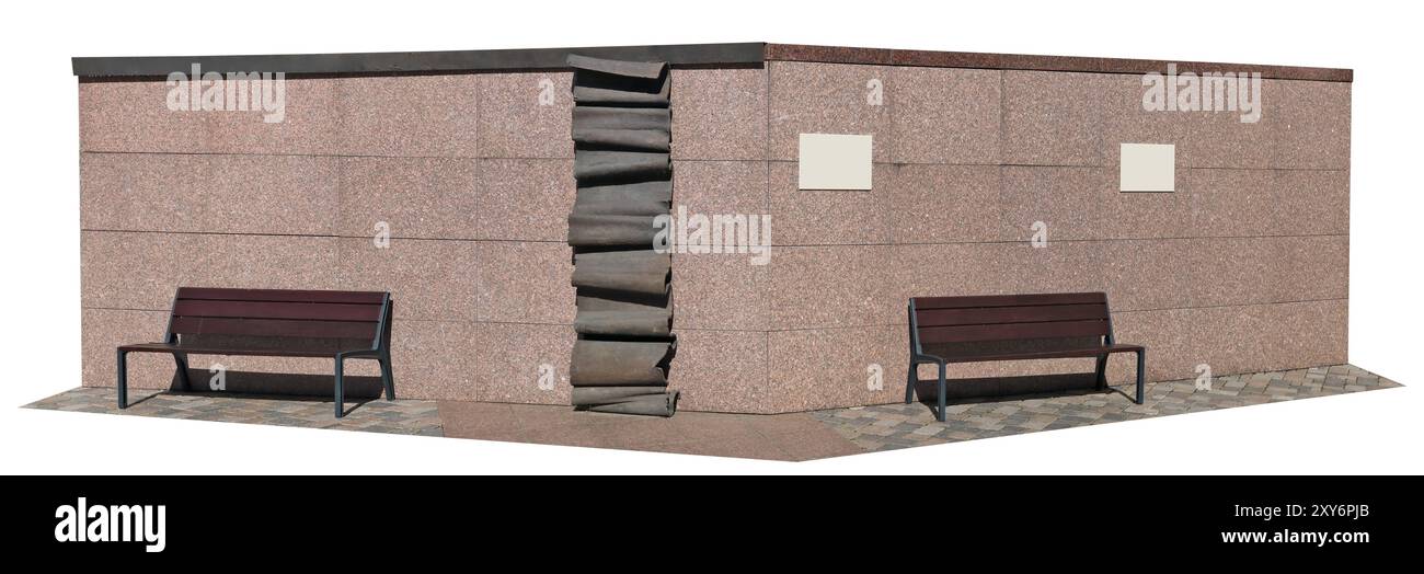 Rest benches near a granite wall in a public park. Isolated on white ...