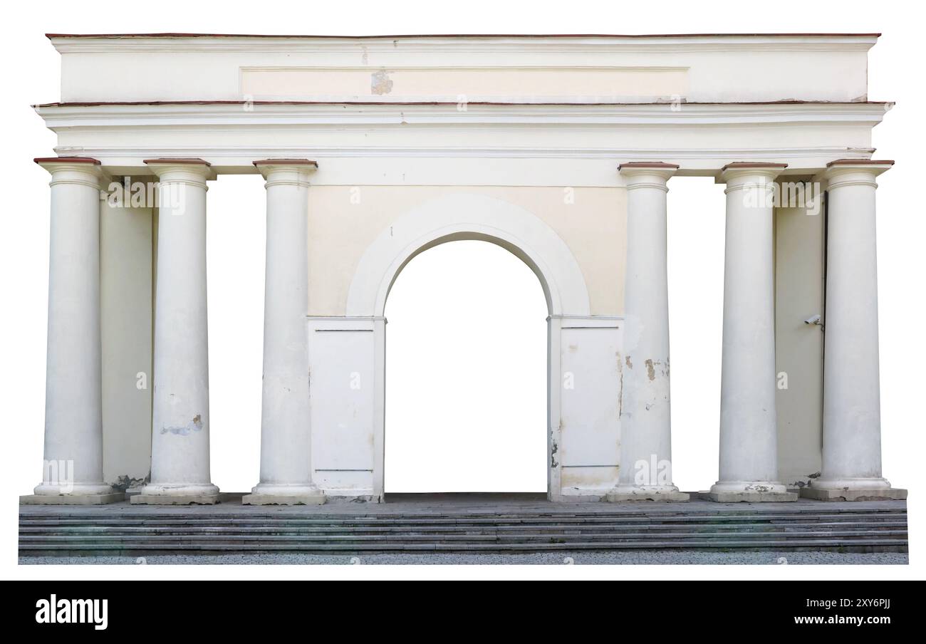 The ruined entrance to the ancient building is decorated with six stone ...