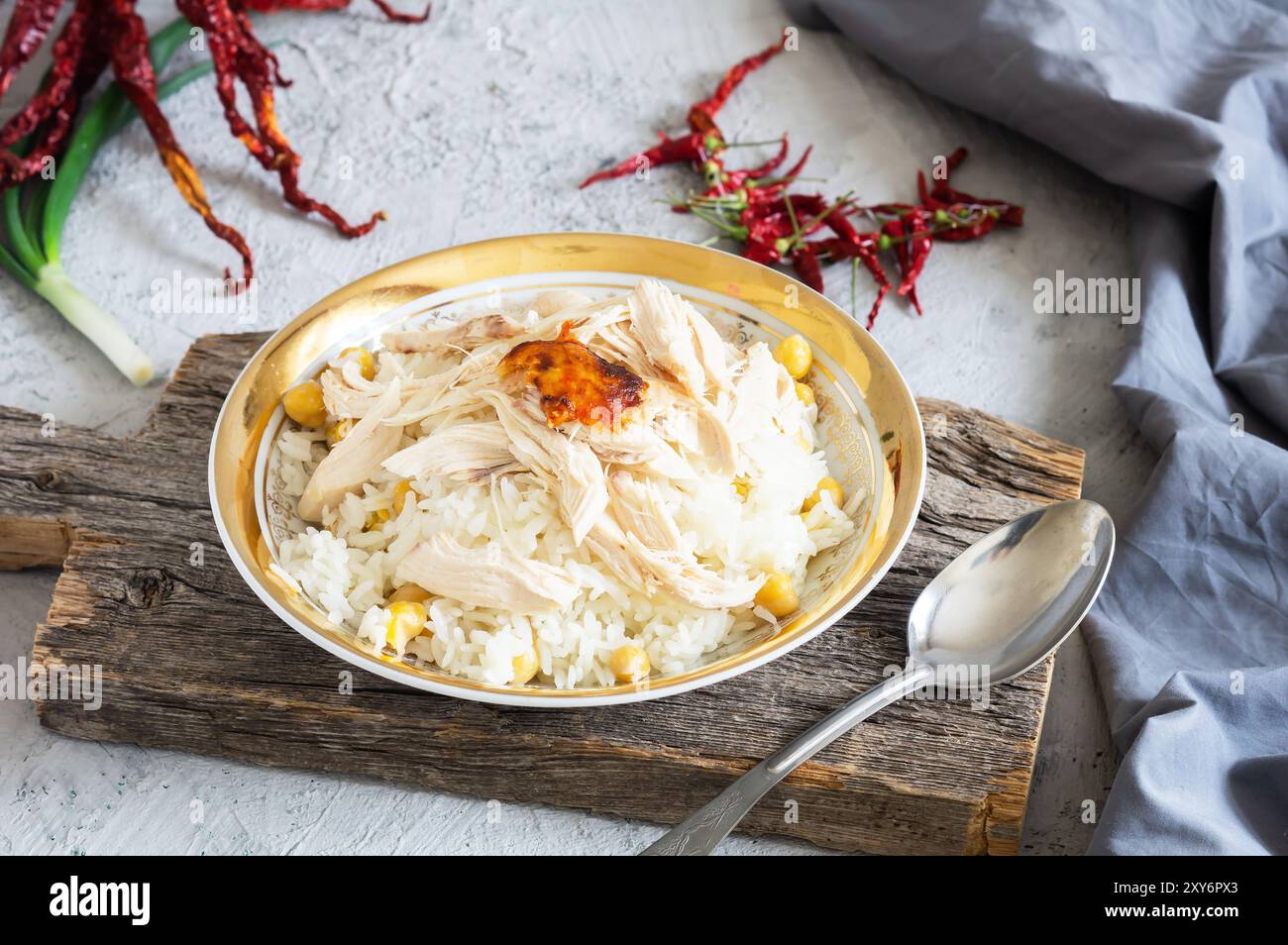Traditional turkish food, chicken pilaf, rice with chickpeas in plate ...