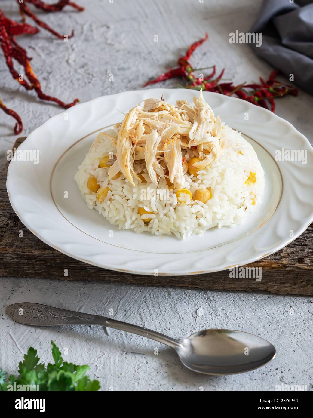Traditional turkish food, chicken pilaf, rice with chickpeas in plate ...
