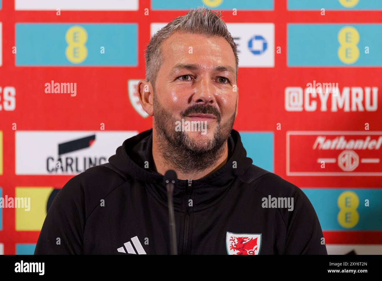 CARDIFF, UK. 28th Aug, 2024. Wales National Team Manager Craig Bellamy ...