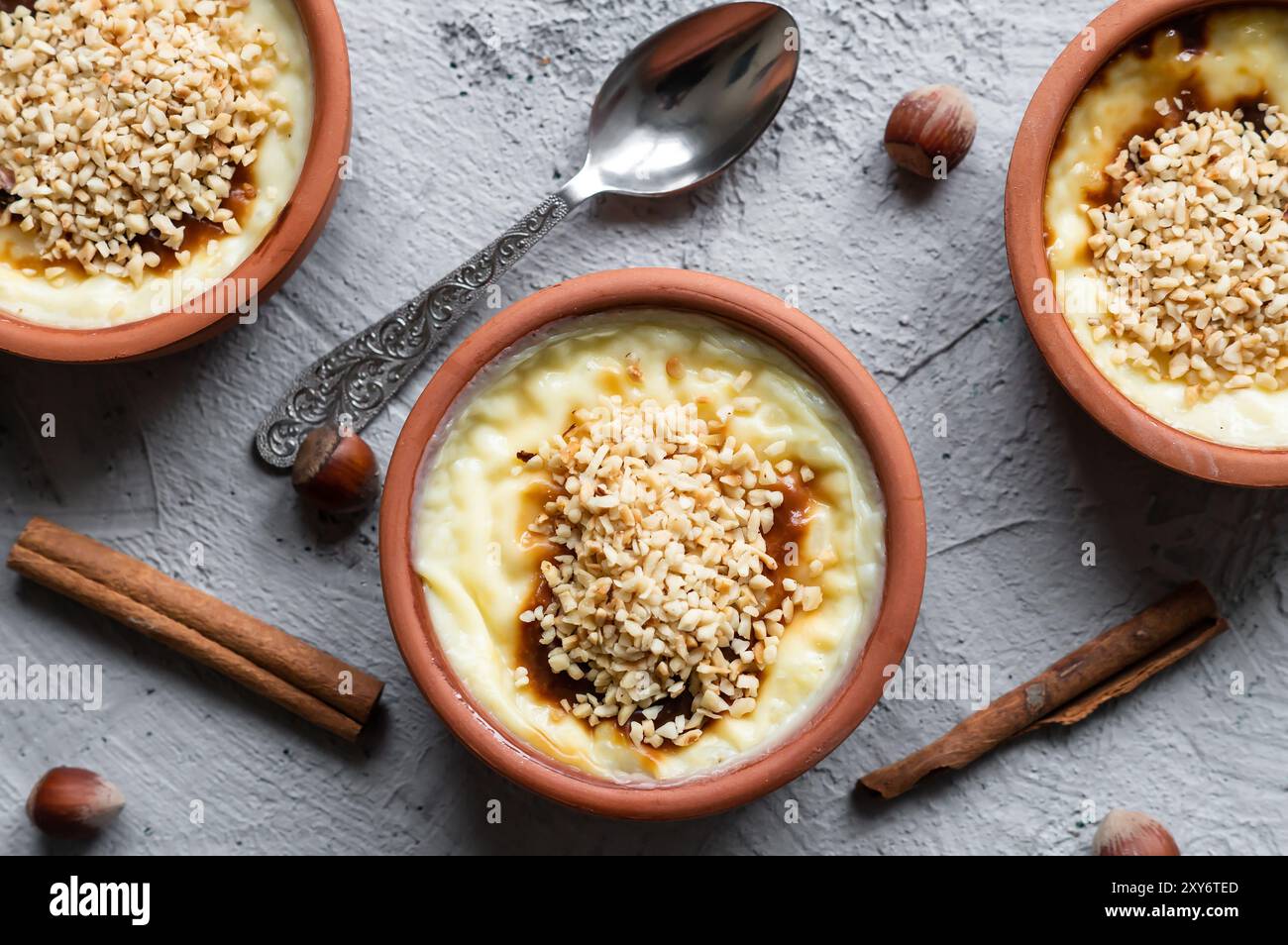 Baked rice pudding turkish milky dessert sutlac in casserole with ...