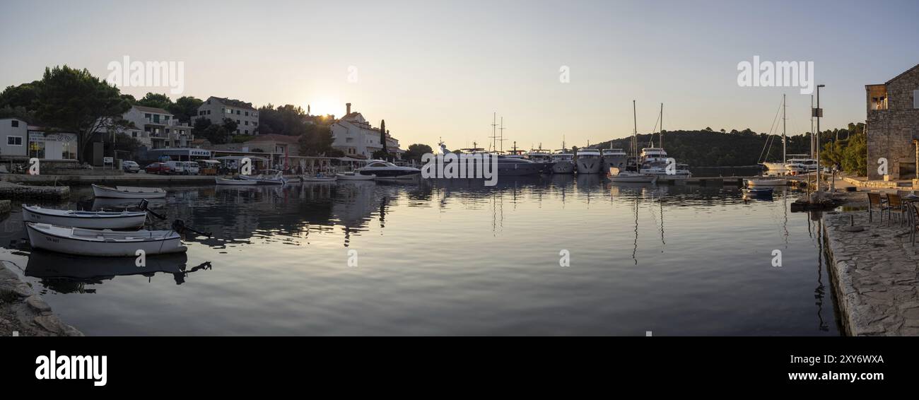 Boats in the harbour of Pomena, panoramic view, island of Mljet ...