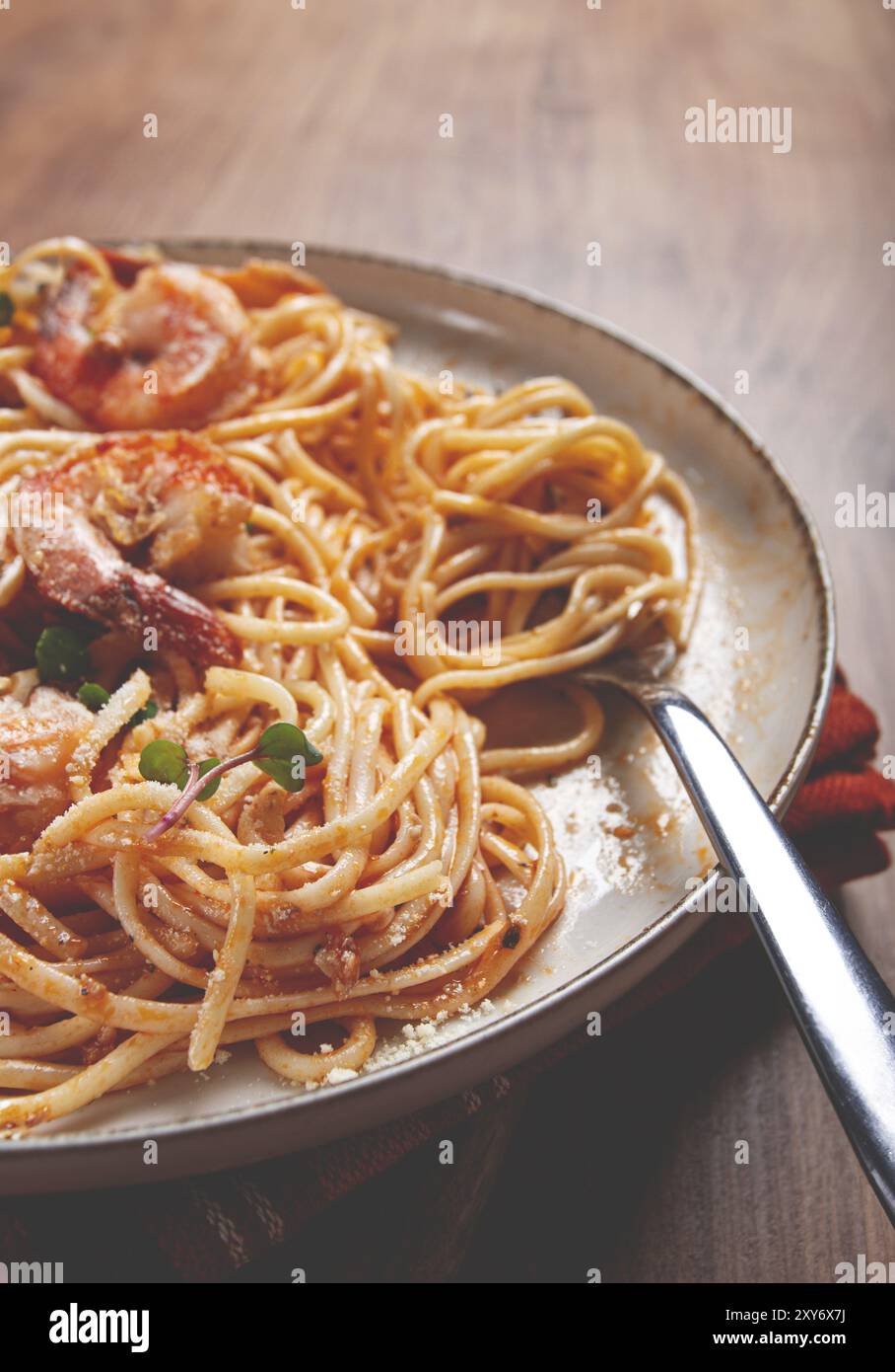 Spaghetti with tiger prawns, in tomato sauce, homemade, top view, no ...