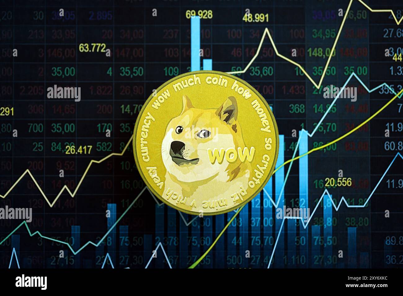 KYIV, UKRAINE - AUGUST 17, 2024 DOGE Meme coin on abstract fictional ...