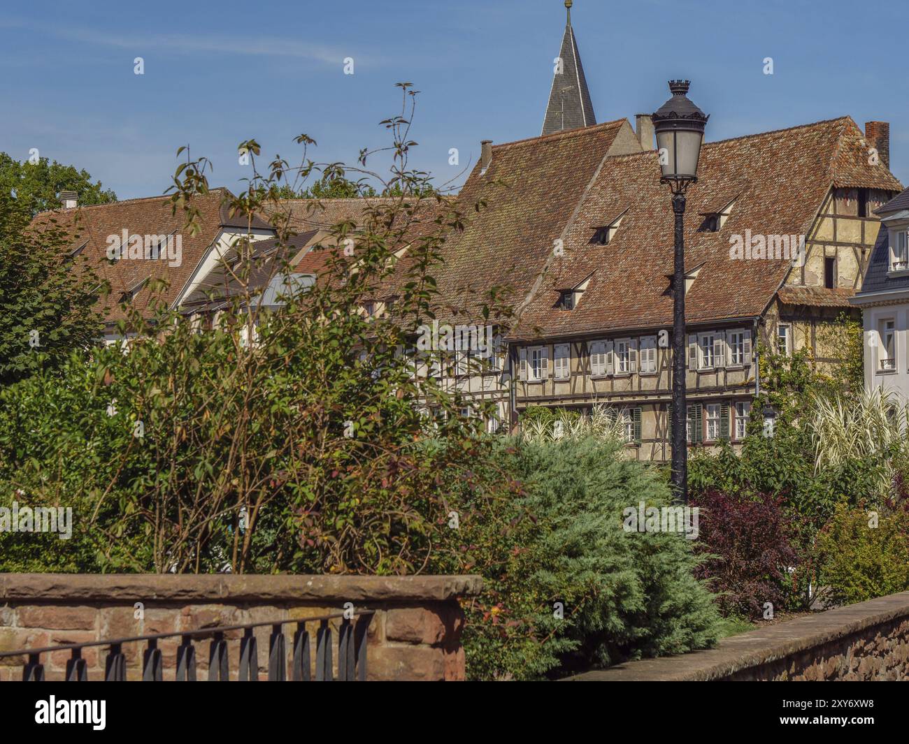 Beautiful old town centre with historic buildings and green gardens ...